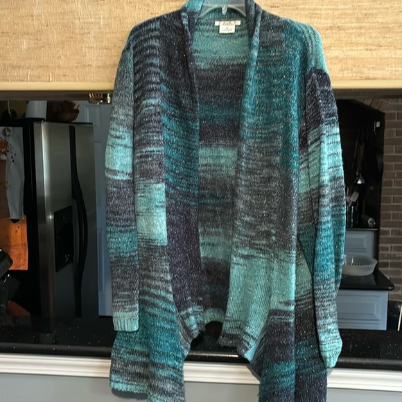 Sweaters | Como Woman Aqua Turquoise Black Cardigan Sweater With Silver ...